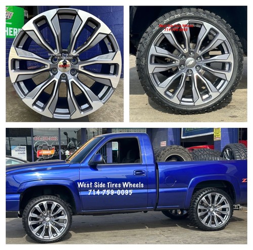 26” FR203 GUNMETAL MACHINE WHEELS 33” Mud MT TIRES Yukon Sierra Tahoe ...