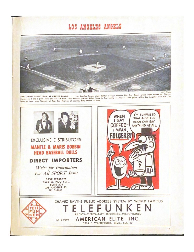 1963 MLB Baseball Program Los Angeles Angels vs Baltimore Orioles ...
