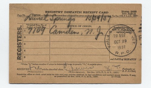 1911 registered package receipt card Colmor NM territory doane cancel ...