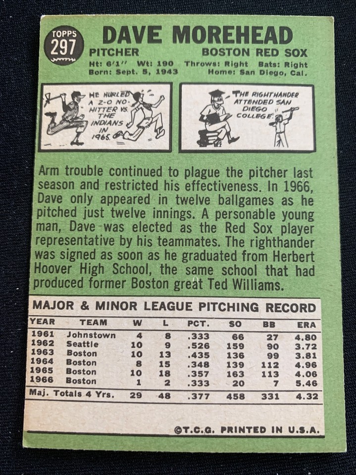 1967 Topps Baseball Card #297 Dave Morehead Boston Red Sox ExNM Free ...