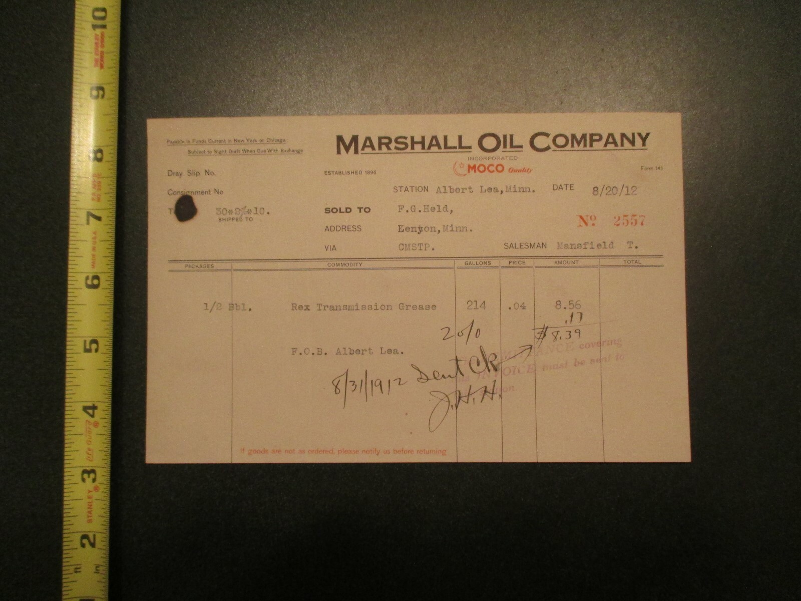 Marshall Oil Company Albert Lea Minnesota 1912 Invoice Letterhead 534 ...
