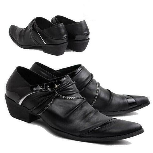 Men's Chain Decor Pleated Faux Leather Shoes Pointed Toe Cuban Heel ...