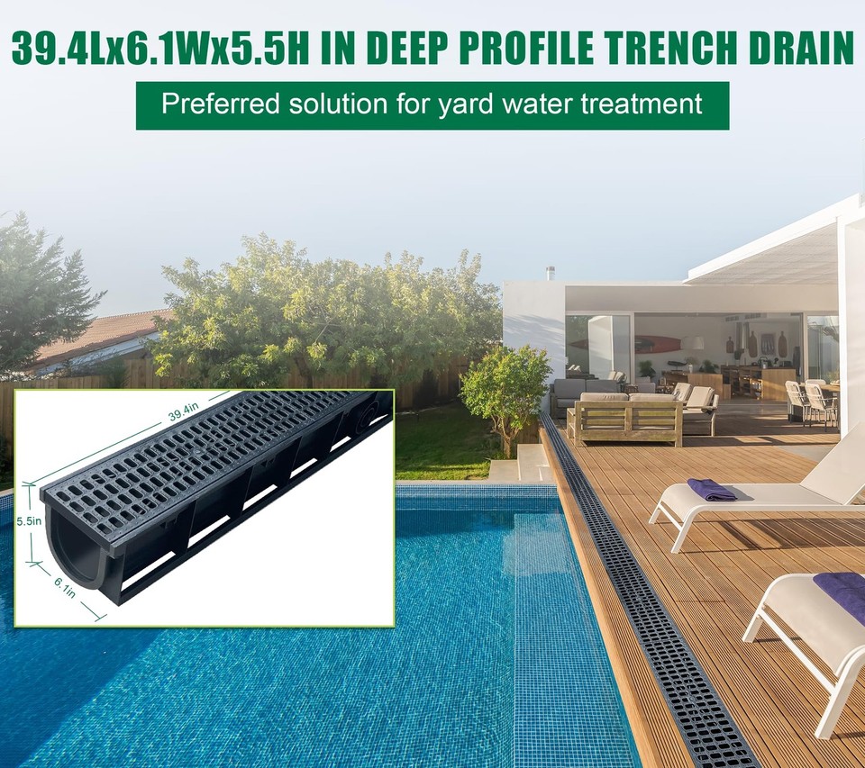 Deep Profile HDPE Trench Drain-39.4Lx6.1Wx5.5H in. Channel Drain with ...