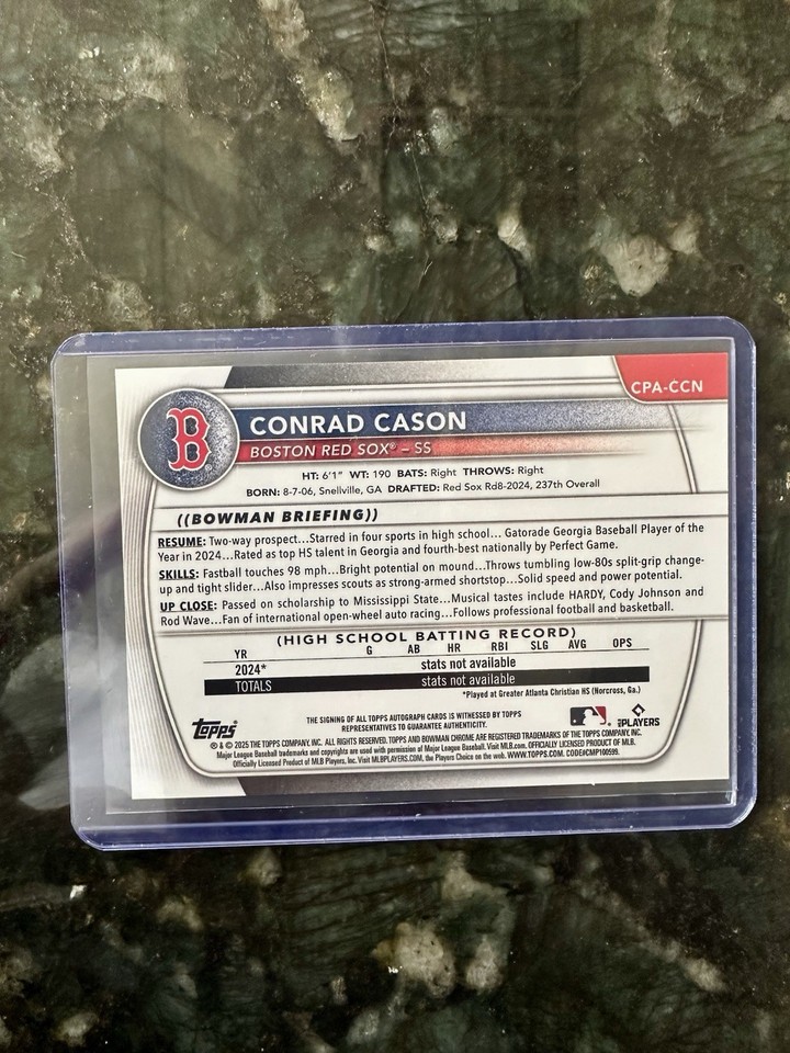 2025 Bowman Chrome 1st Conrad Cason Auto True Gold Refractor Red Sox ...