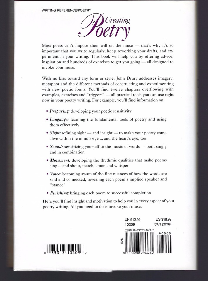 CREATING POETRY by John Drury (1991 Hardcover) FIRST EDITION ...