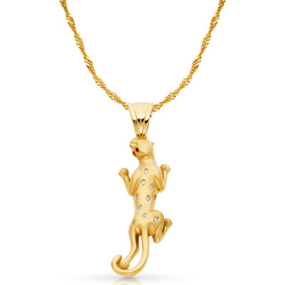 14K Yellow Gold CZ Puma Charm Pendant & 1.8mm Singapore Chain Necklace ...