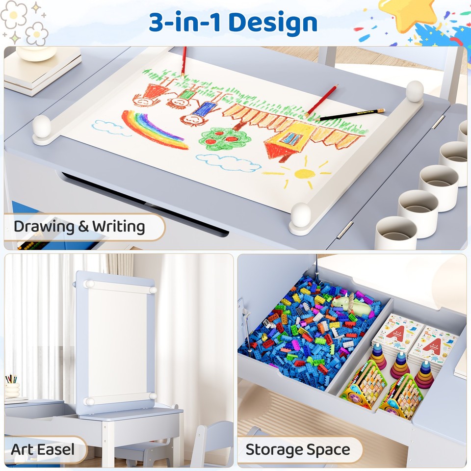 3in1 Activity Craft Table & Chairs Set Kid Wooden Drawing Table Set W ...