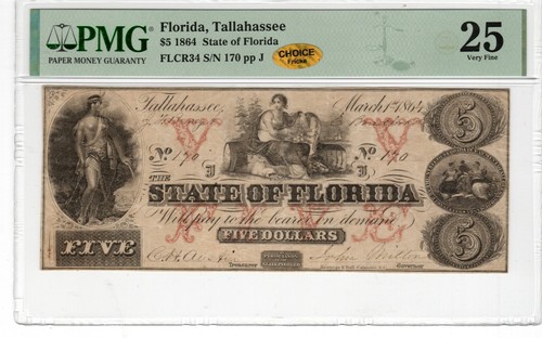 FL CR-34 1864 $5 Florida Paper Money - PMG Very Fine 25 - CHOICE! | eBay