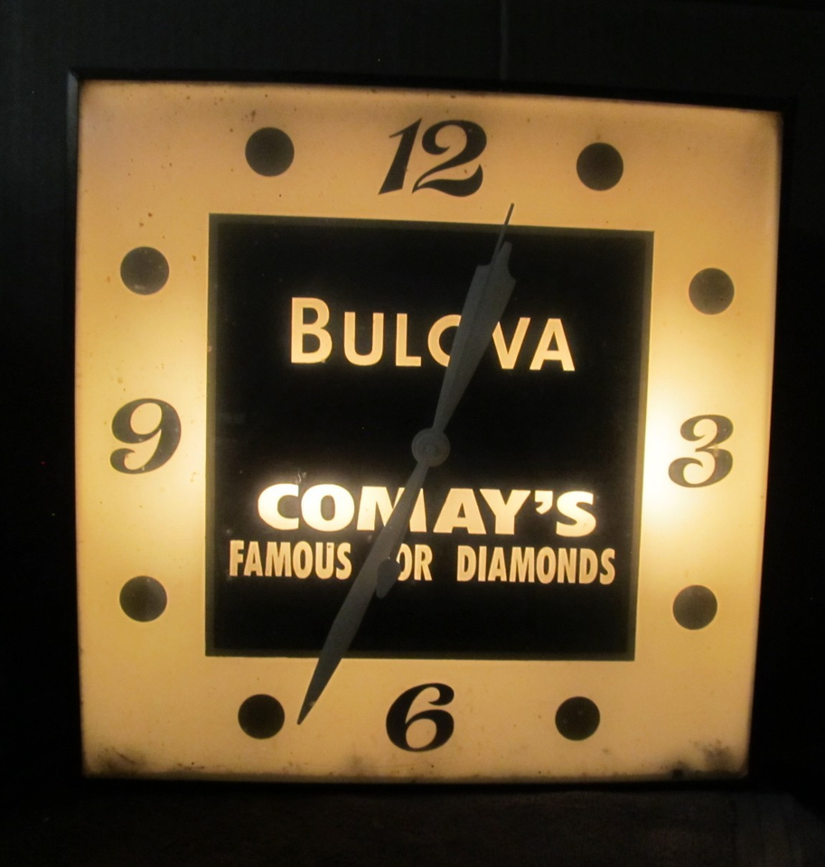 Vintage Bulova Comay`s Diamonds Square Pam Lighted Advertising Clock ...