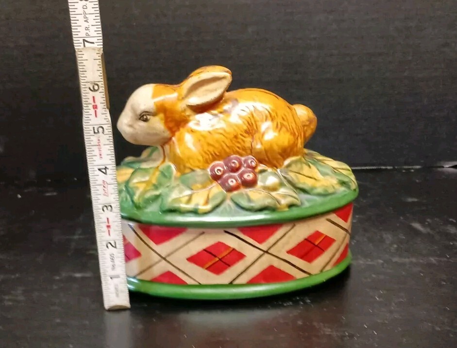 Vintage Majolica Rabbit Dish W/ Lid Trinket Jewelry Box Ceramic Pottery ...