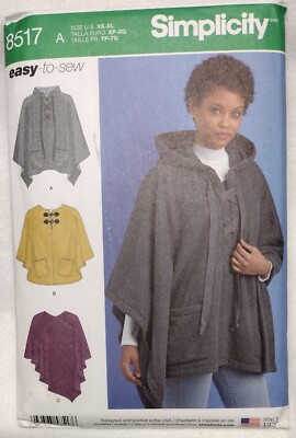 Simplicity 8517 Misses Sz XS (6-8) thru XL (22-24) Easy-To-Sew Ponchos ...