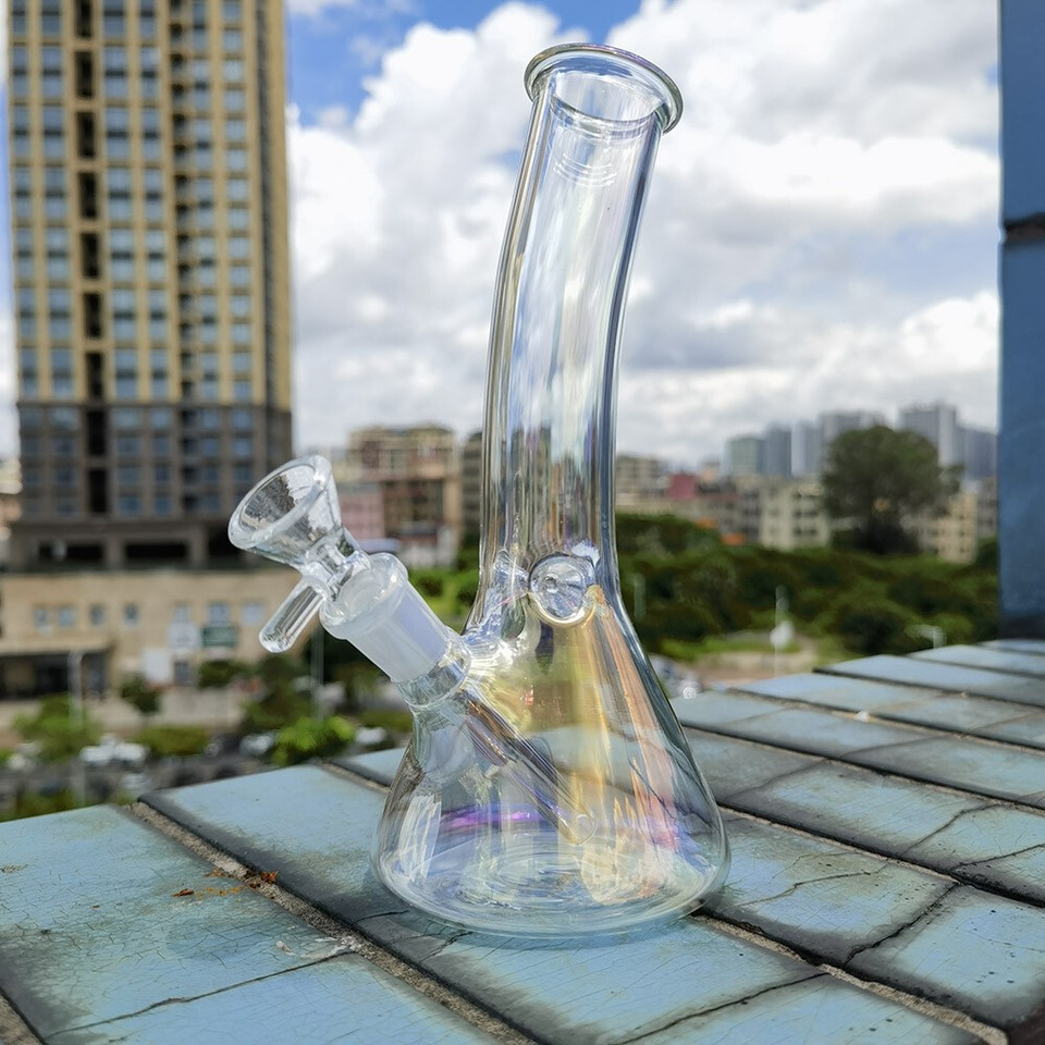 7.4" Reflective Glass Bong Crook Neck Smoking Water Pipe Hookah 14mm ...