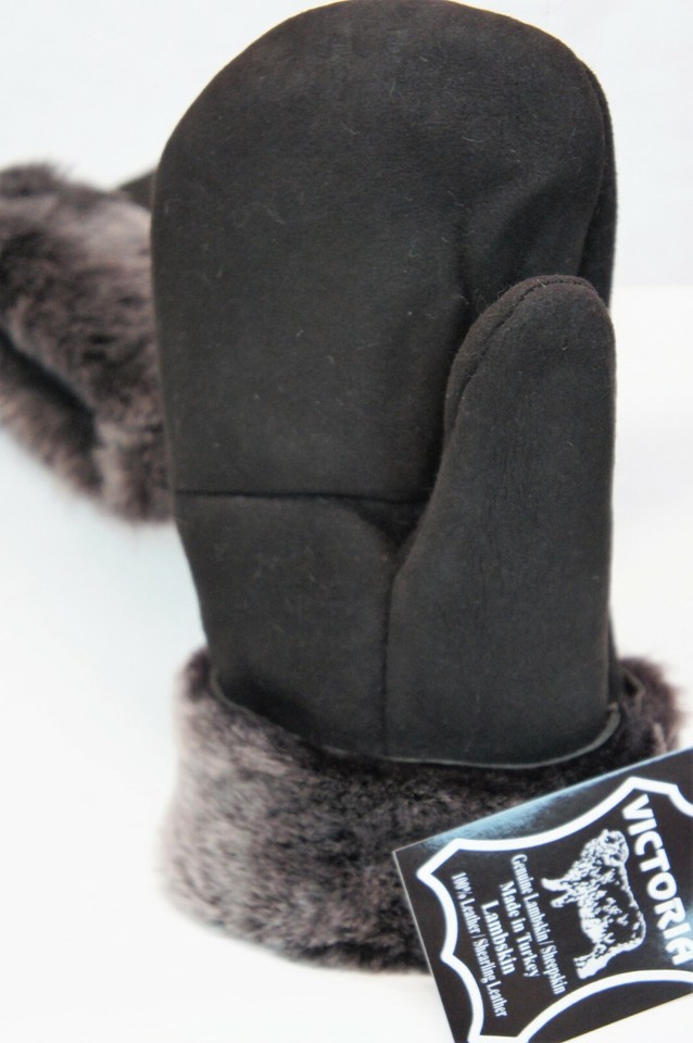 2 COLORS 100% REAL SHEEPSKIN SHEARLING LEATHER MITTENS UNISEX Fur ...