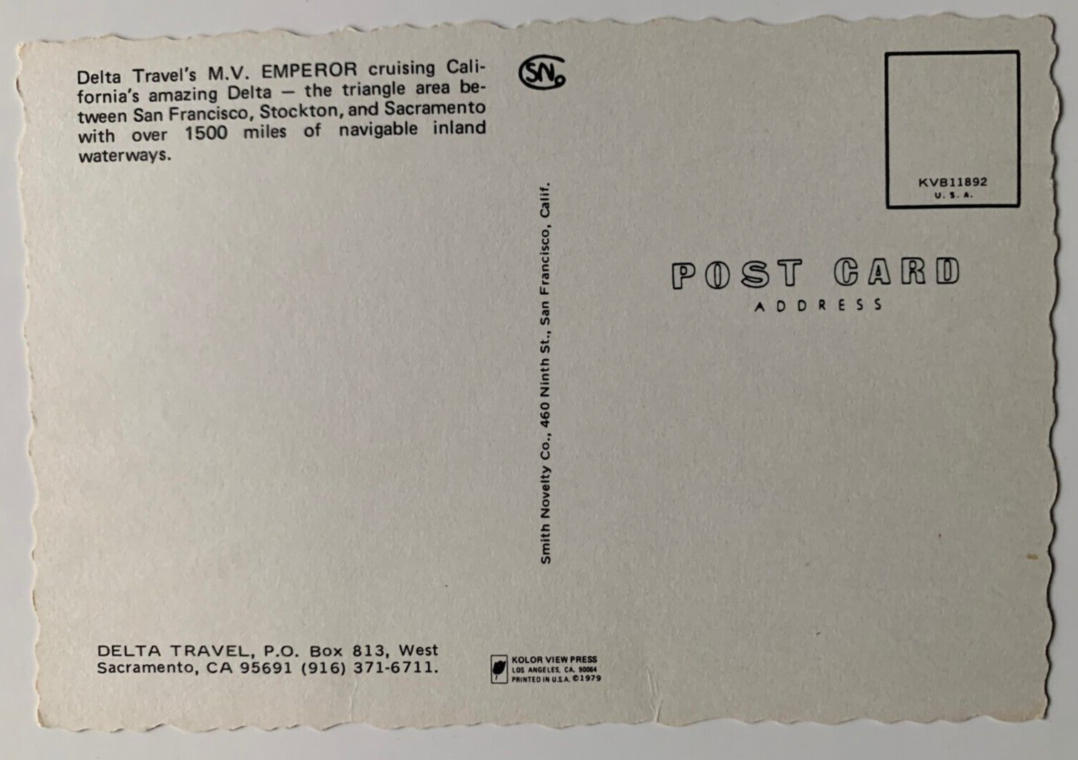 1979 CA Postcard Sacramento California Delta Travel MV Emperor boat ...