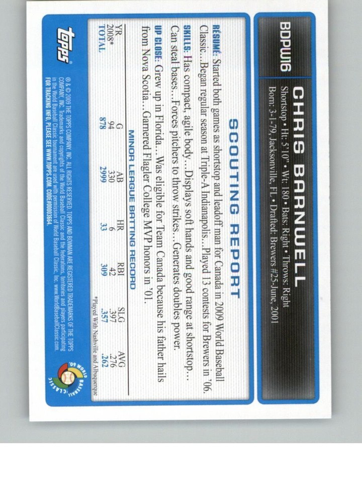 2009 Bowman Draft Picks & Prospects Chris Barnwell BDPW16 Canada WBC ...