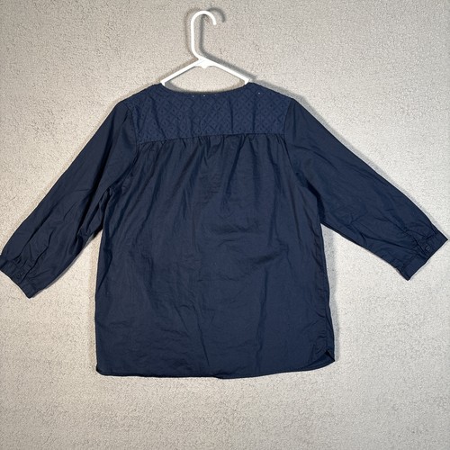 LL Bean Top Women’s Size M Navy Blue Eyelet Chest Tie Neck 3/4 Sleeve ...