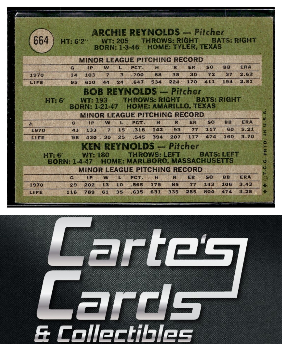 1971 Topps - High # #664 Bob Reynolds, Ken Reynolds, Archie Reynolds ...