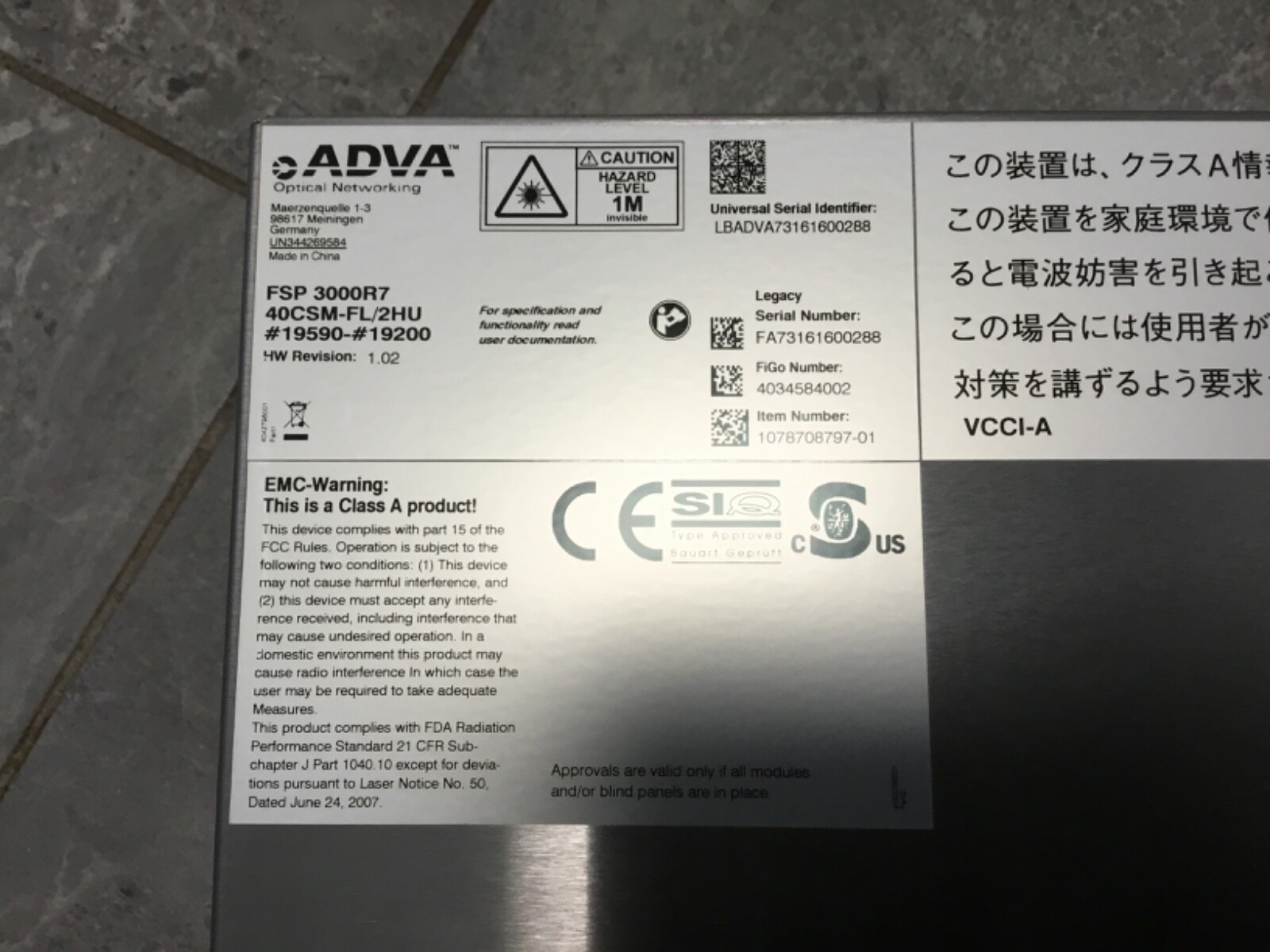 ADVA 40CSM-FL/2HU #19590 #19200 1078708797-01 HW REVISION 1.02 | eBay