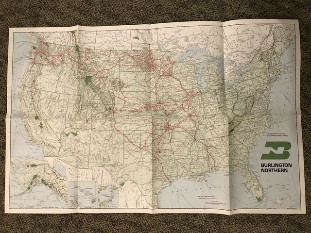 1981 Burlington Northern Railroad Map ~32 x 21 Rail Railway RR Rand ...