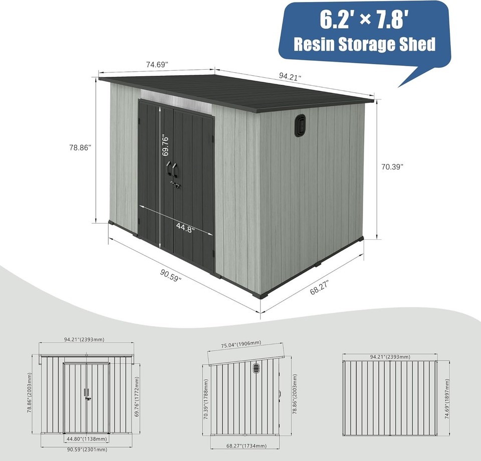 6x8 FT Outdoor Resin Storage Shed with Lockable Doors & Sloping Roof ...