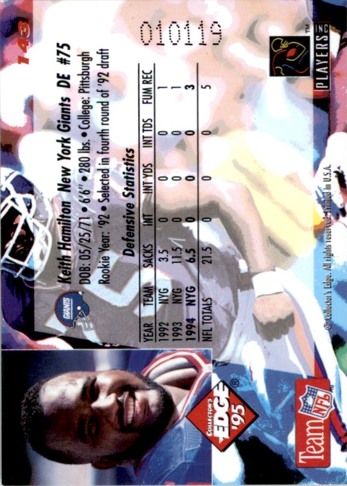 1995 Collector's Edge Keith Hamilton New York Giants #143 | eBay