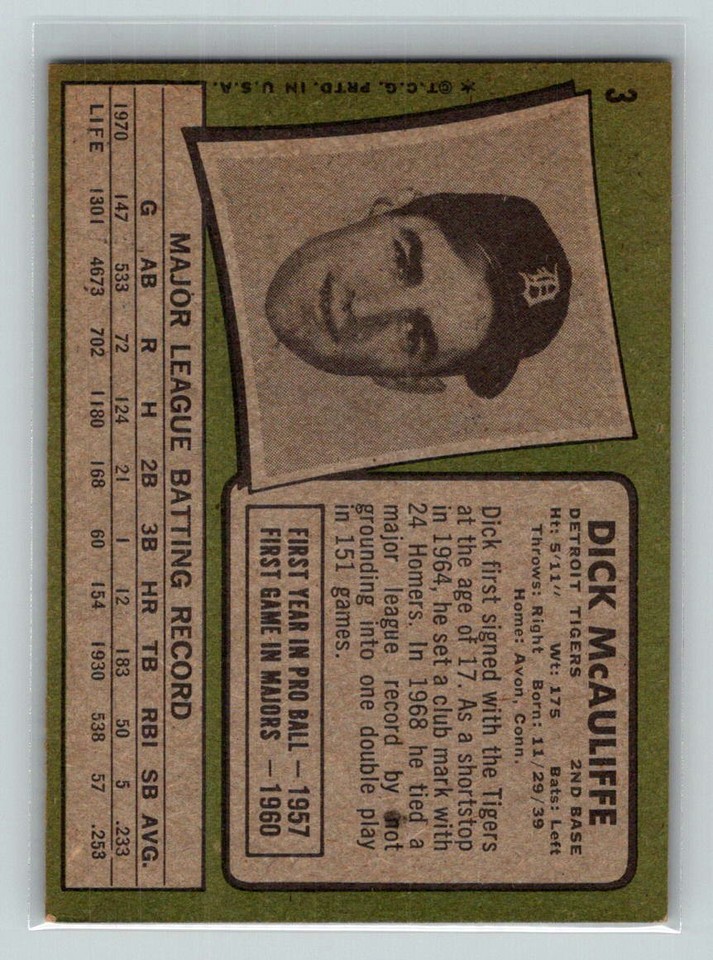 Dick McAuliffe 1971 Topps Detroit Tigers | eBay