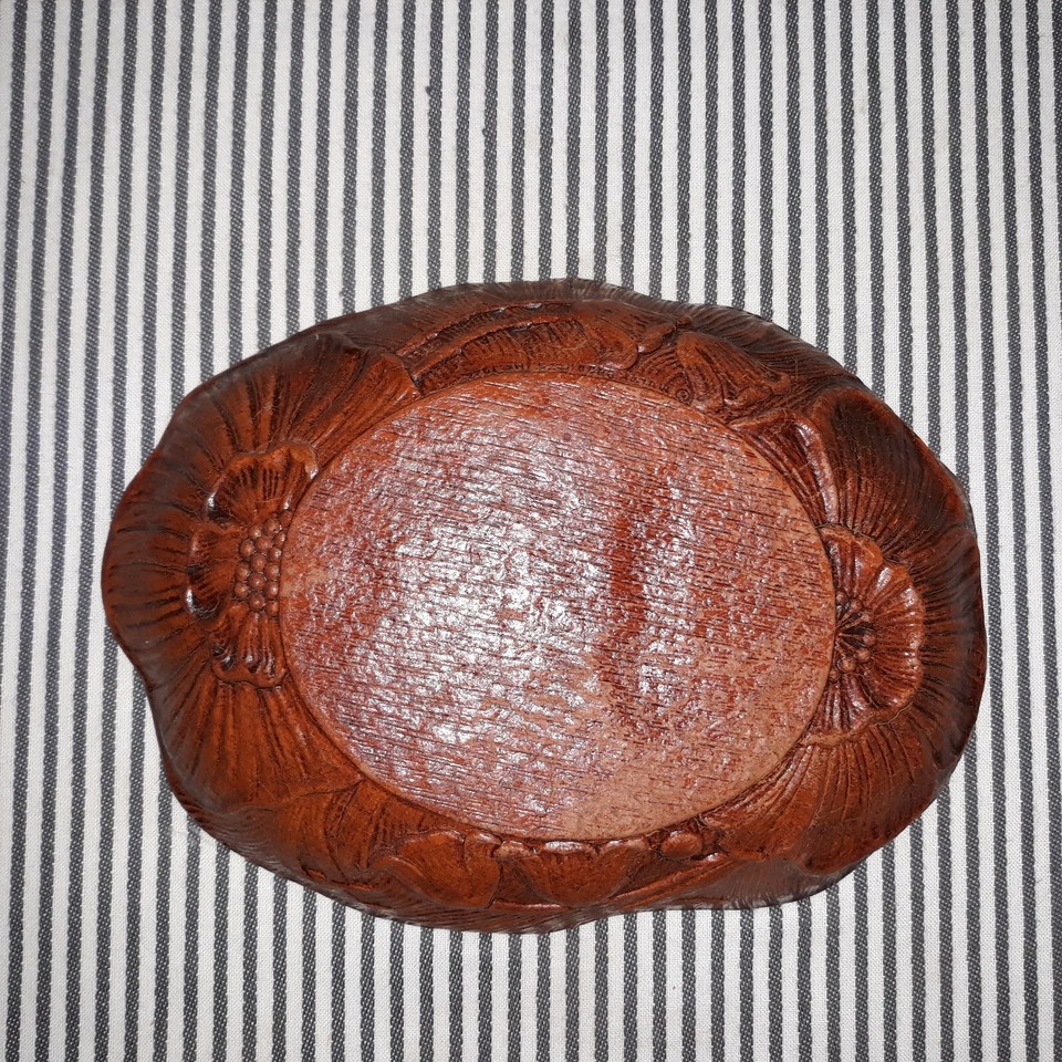 VTG MCM KNOTTS BERRY FARM 1950s CALIFORNIA CARVED FLORAL BOWL w/ COPPER ...