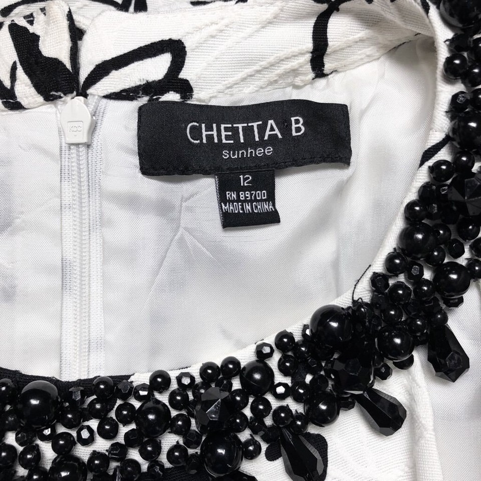 Chetta B Shift Dress Womens 12 Black White Floral Beaded Cotton ...