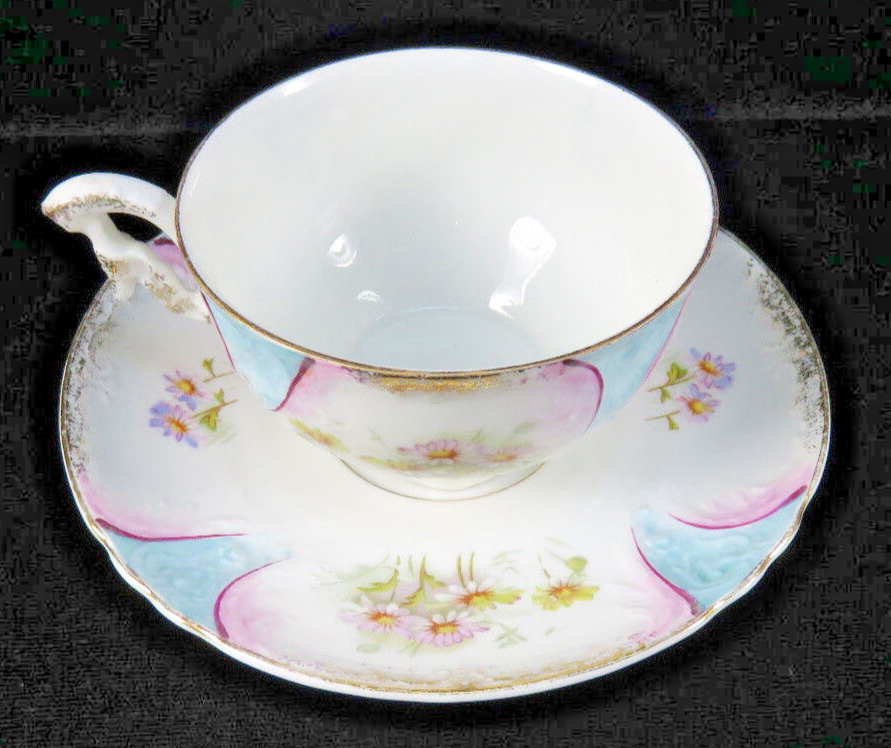 Antique German Porcelain Cup And Saucer ~ Aqua & Pink Daisies | eBay