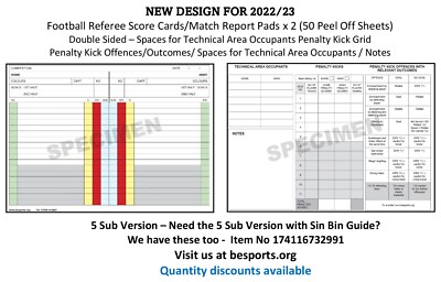 Football Referee Score Cards/Match Report Pads x 2- 7 Sub version (50 ...