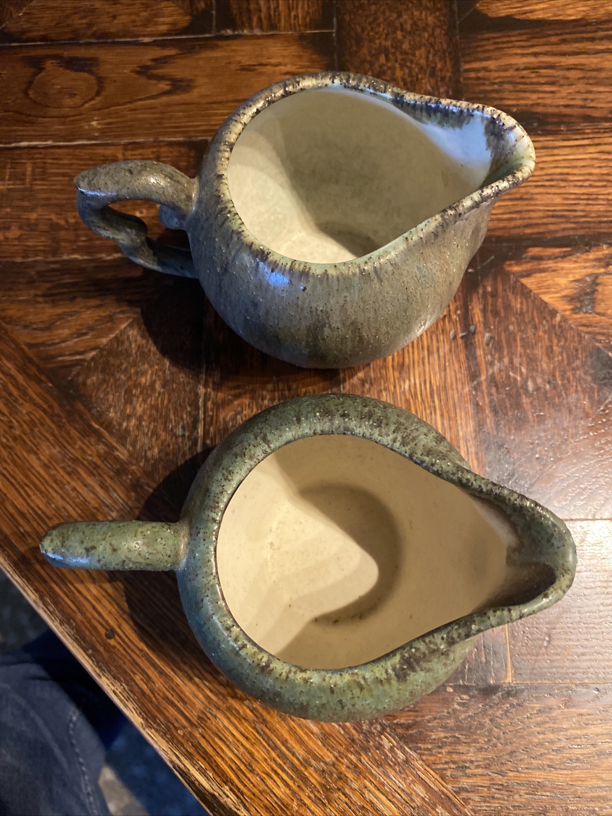 2 Vintage Nantucket OLD SPOUTER Pottery Green Drip Glazed CREAMER ...