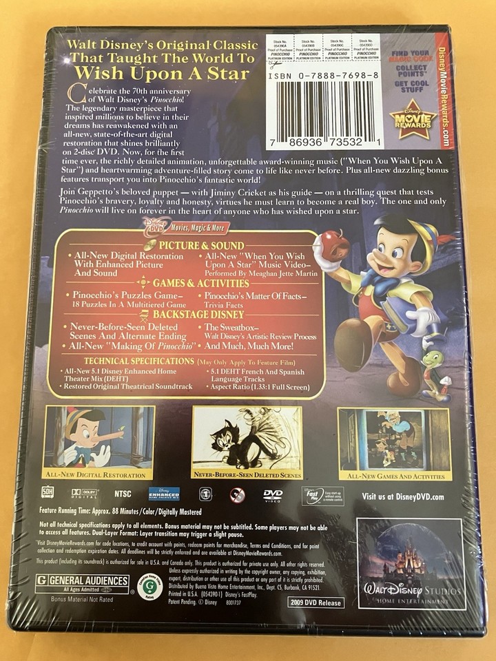 WALT DISNEY PINOCCHIO NEW/SEALED 70TH ANNIVERSARY PLATINUM EDITION DVD ...