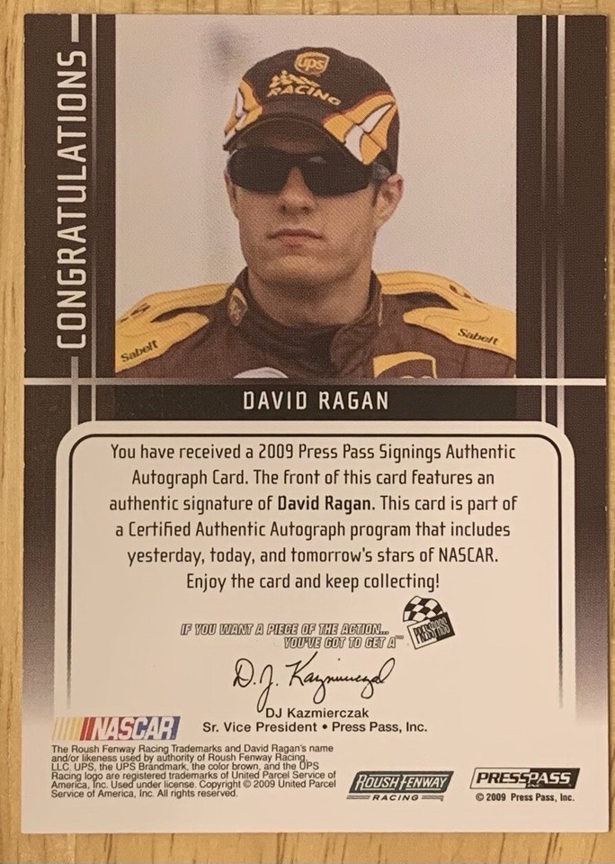 2009 NASCAR Press Pass Signings David Ragan Autograph On Card Auto SP # ...