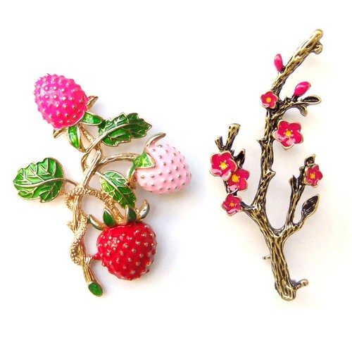 2pcs Brooch Pin Red Pink Strawberry Green Leaves Plum Flower Blossom ...