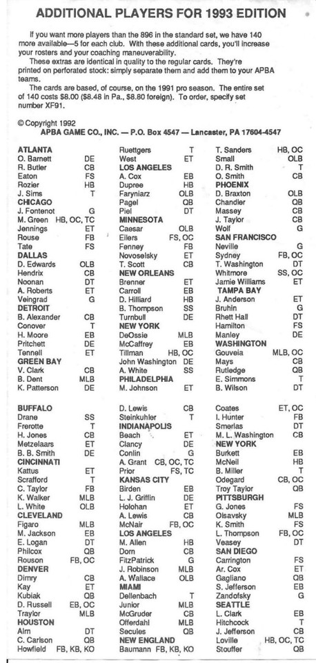 1991 APBA Football w/ XF 37 Card Team Set - BUFFALO BILLS | eBay UK