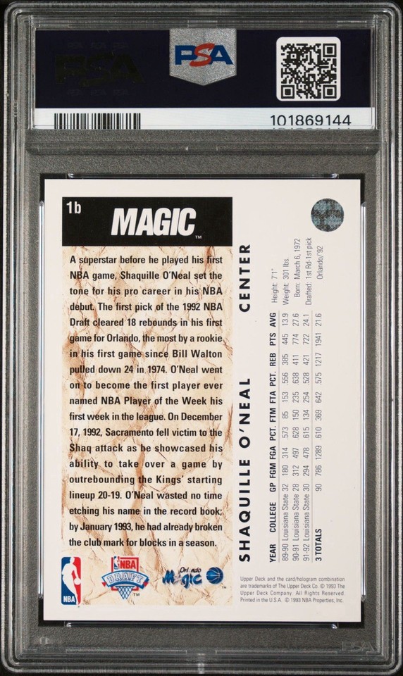 1992 Upper Deck #1 Shaquille O'Neal + Redemption & X2 Trade Cards PSA 7 ...