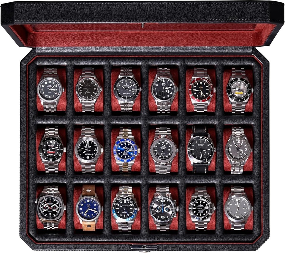 18-Slot Watch Case – Luxury Watch Box for Men, Real Glass Top, Lockable ...