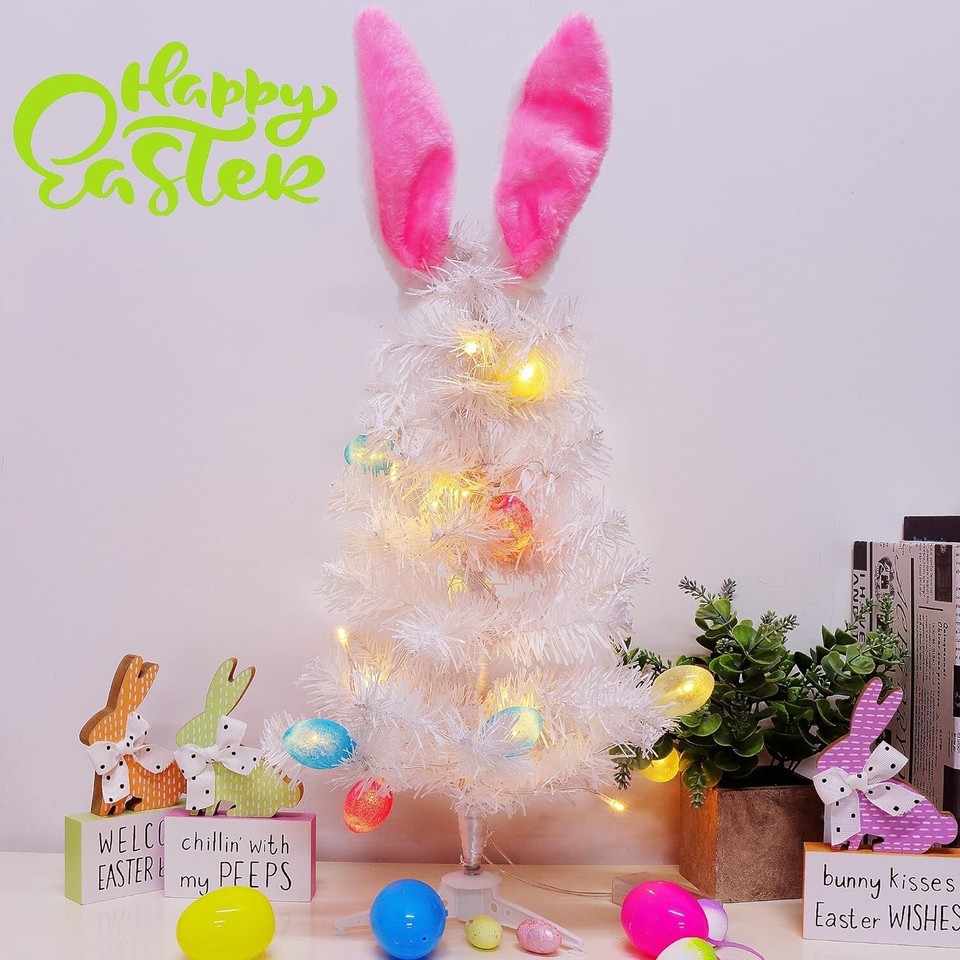 23" Lighted EASTER Bunny Ears Rabbit Tree 10 Colorful Eggs Decoration ...