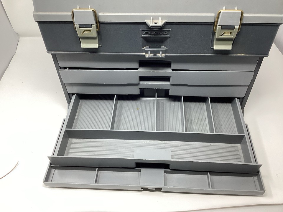 Vintage Plano 757 Fishing Tackle Box Made In USA 4 Drawer Gray | eBay