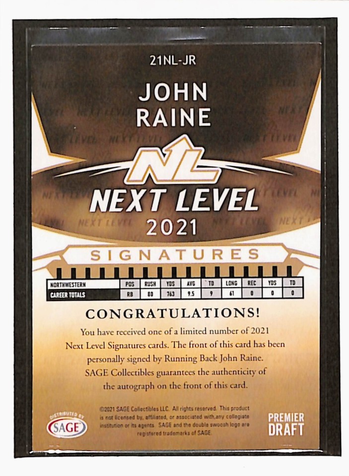 2021 Sage Premier Draft JOHN RAINE RC "NEXT LEVEL" ON-CARD AUTO ATLANTA ...