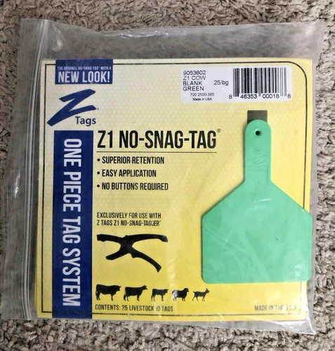 Z Tags Z1 No-Snag-Tag Blank Livestock ID Ear Tags Green - 12 count - 3 ...