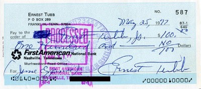 ERNEST TUBB - AUTOGRAPHED SIGNED CHECK 05/25/1977 CO-SIGNED BY: ERNEST ...