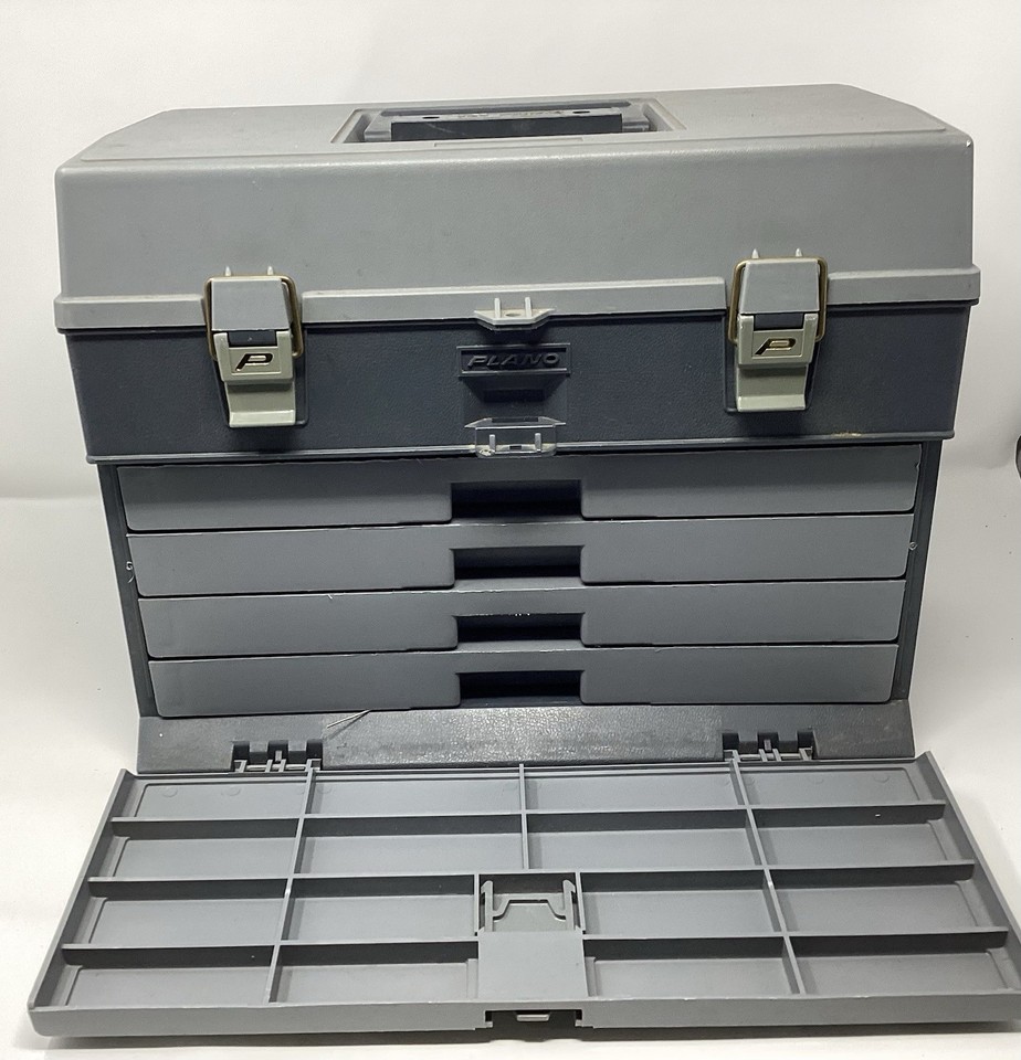 Vintage Plano 757 Fishing Tackle Box Made In USA 4 Drawer Gray | eBay