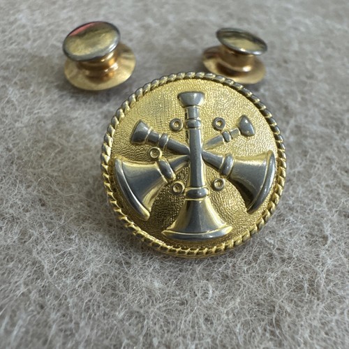 Vintage Gold Tone Fire Department Badge Pin Double Post Bugles ...