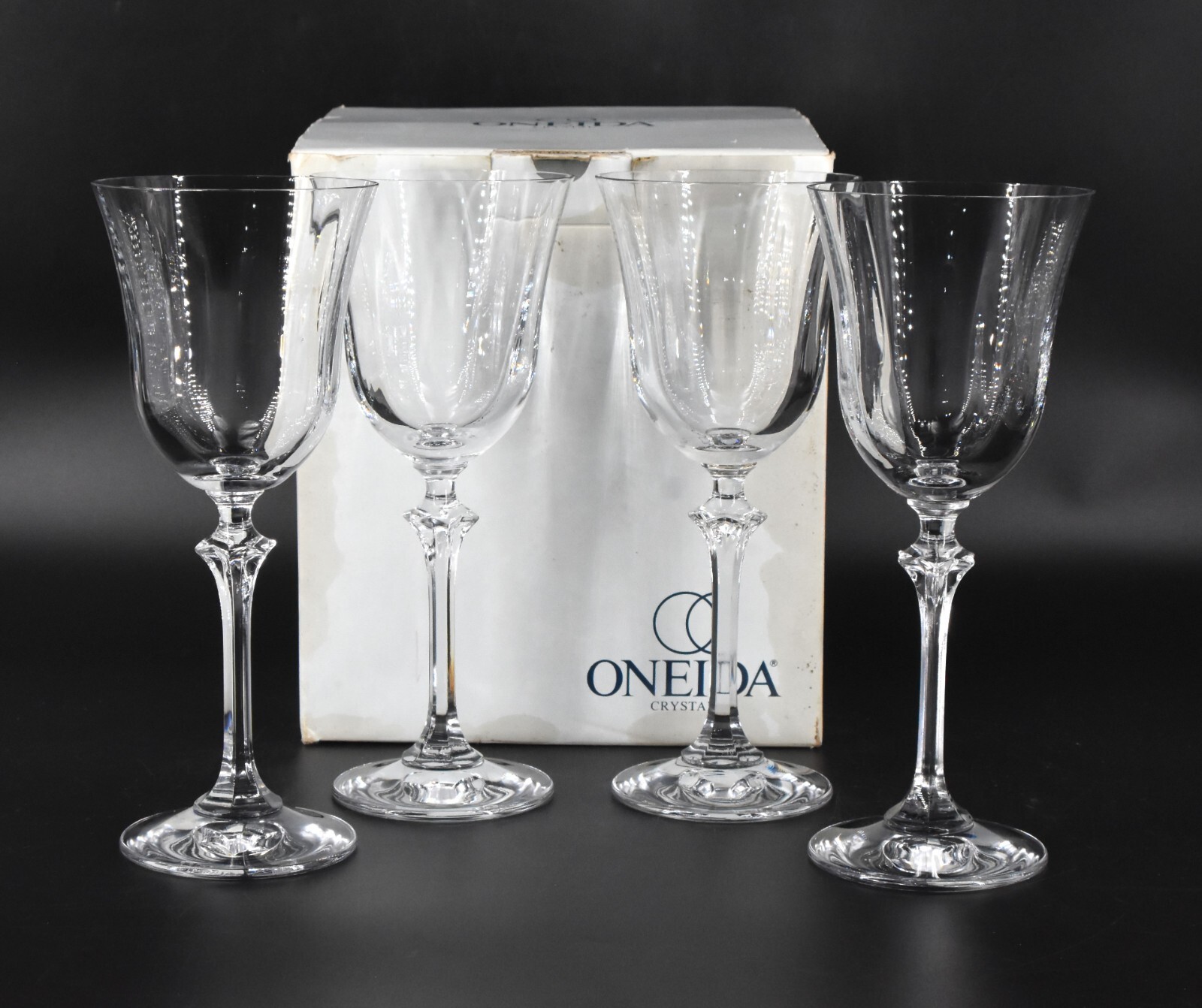 Set of 4 Oneida Crystal Fedora Water Goblets #211005 Optic Ribbed 8.5 ...