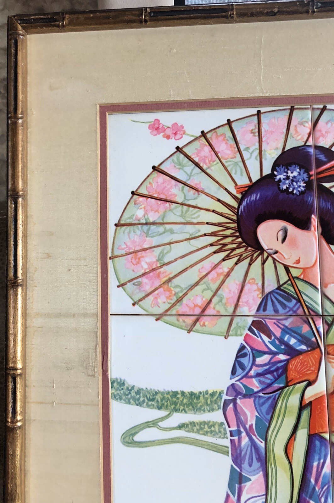 Vtg. Stunning Japanese Geisha Parasol Matted Framed Signed Tile Mural ...