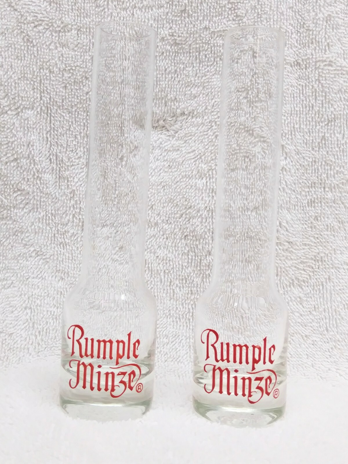 Lot of 2 Vintage RUMPLE MINZE Shooters Tall Shot Glasses Clear w Red 5. ...