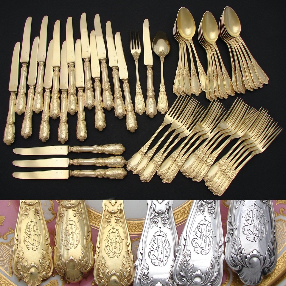 Antique French Sterling Silver & 18k Gold 182pc Flatware Set, 10p ...