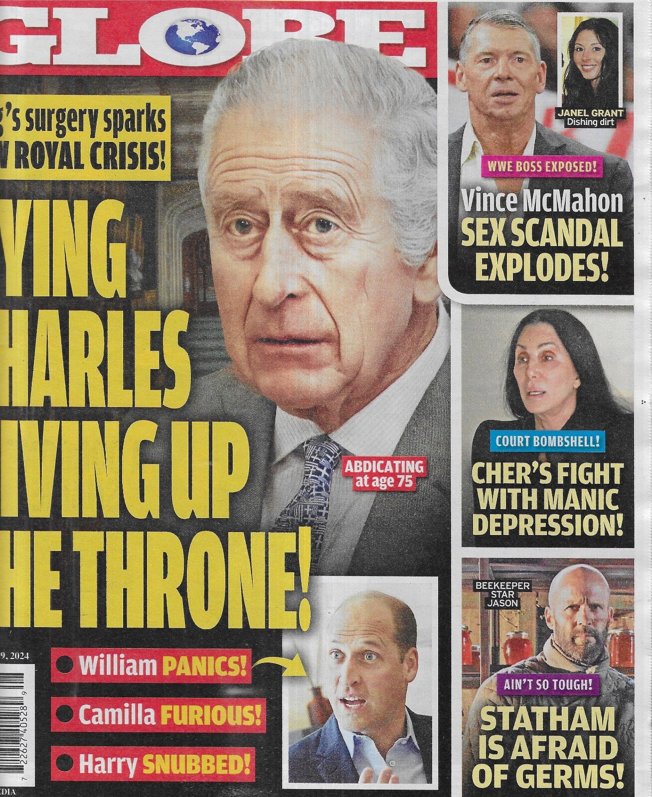 Globe Magazine King Charles Vince McMahon Cher Jason Statham Amelia ...