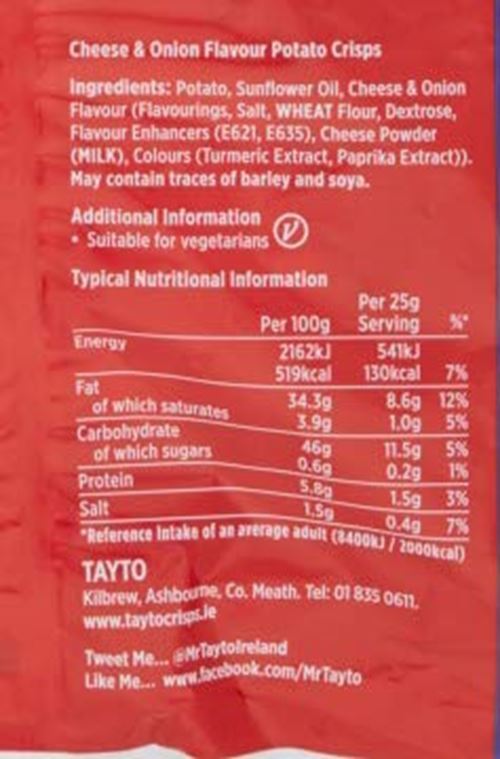 Tayto Cheese and Onion flavour crisps from Ireland (24 x 25g bags ...